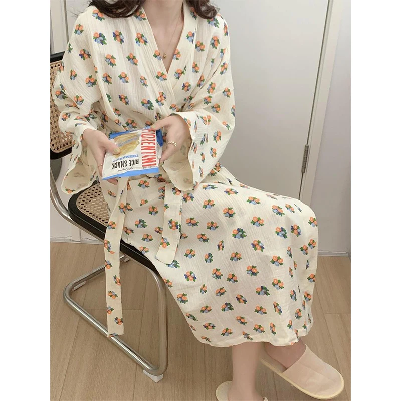 Korea-Style-Women-s-Bathrobe-Floral-Print-V-Neck-Ladies-Kimono-With ...
