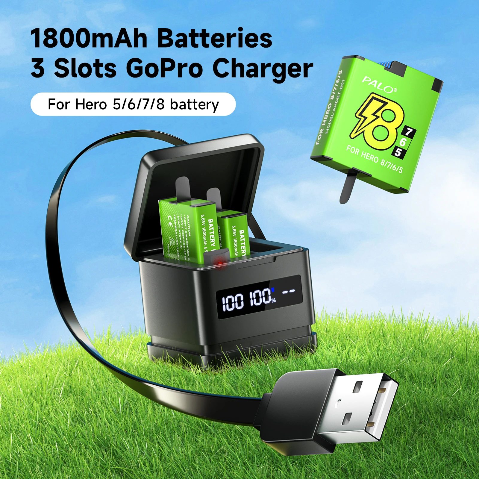 PALO 1800mAh for GoPro Hero 8 7 6 5 Camera Battery 3-Slots LCD USB Type ...