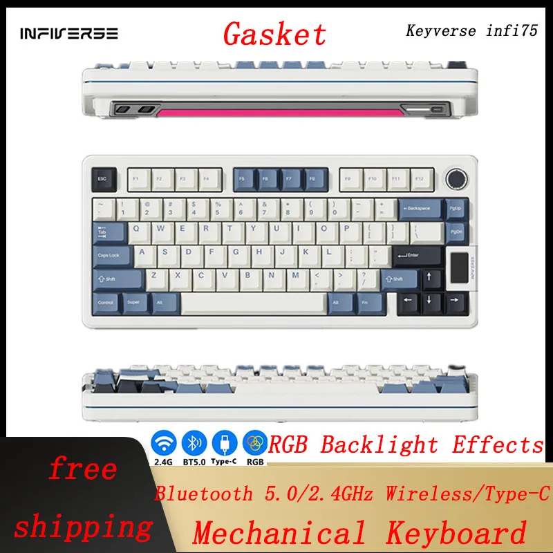 Teclado mecânico Keyverse Infi75 3 Mode, Bluetooth 5.0, 2.4GHz, Sem fio, Conexão Tipo C, RGB ...