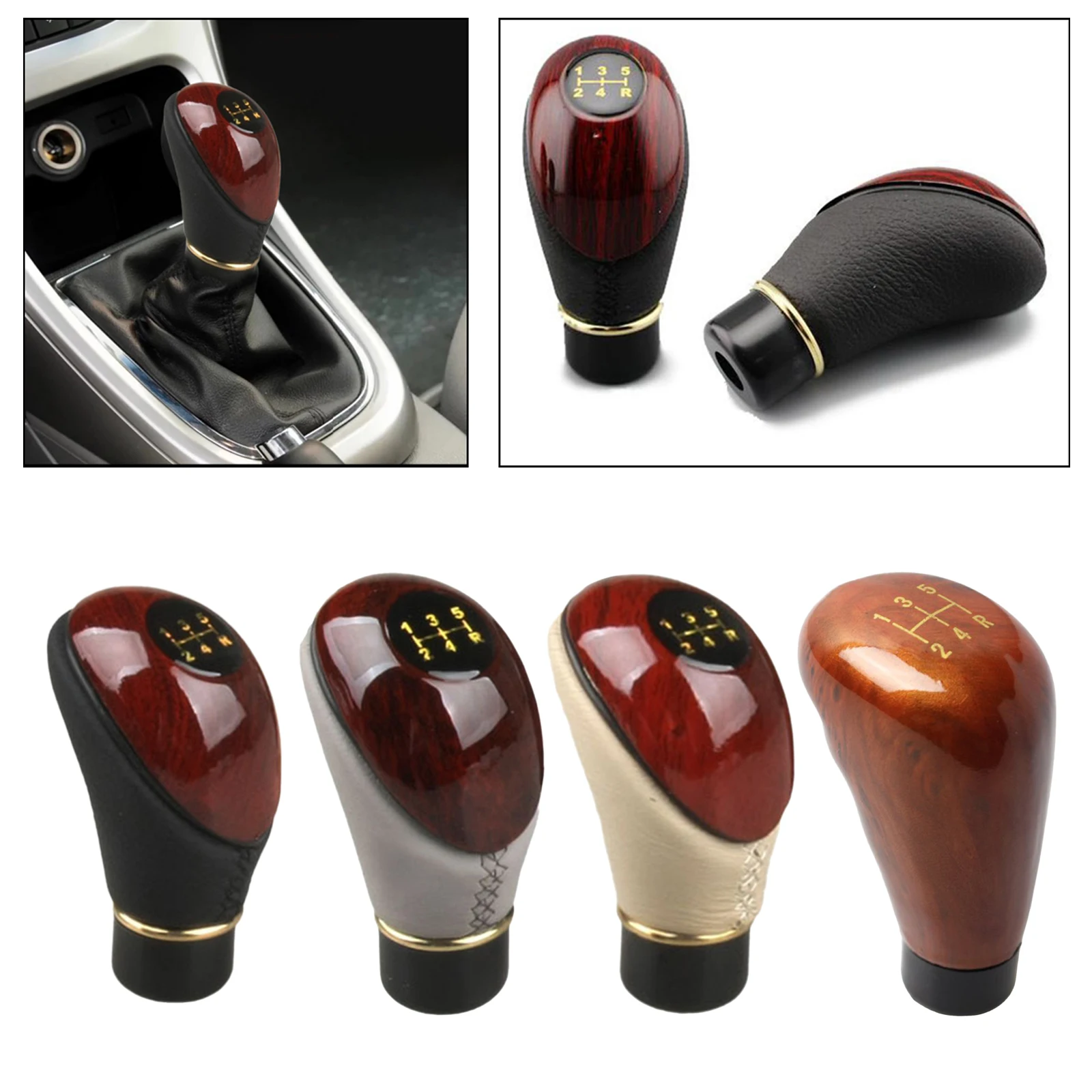 Wooden PU Leather Manual Gear Shift Knob Universal Car 5 Speeds Knob ...