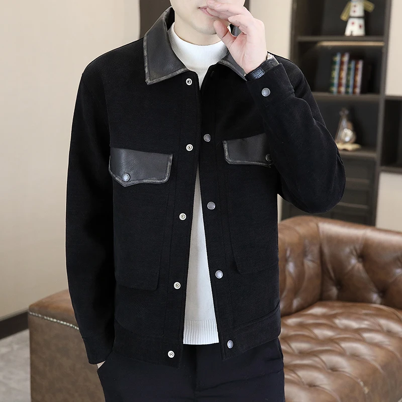 2024-Autumn-Winter-PU-Patchwork-Woolen-Jacket-for-Men-Slim-Fit-Casual ...