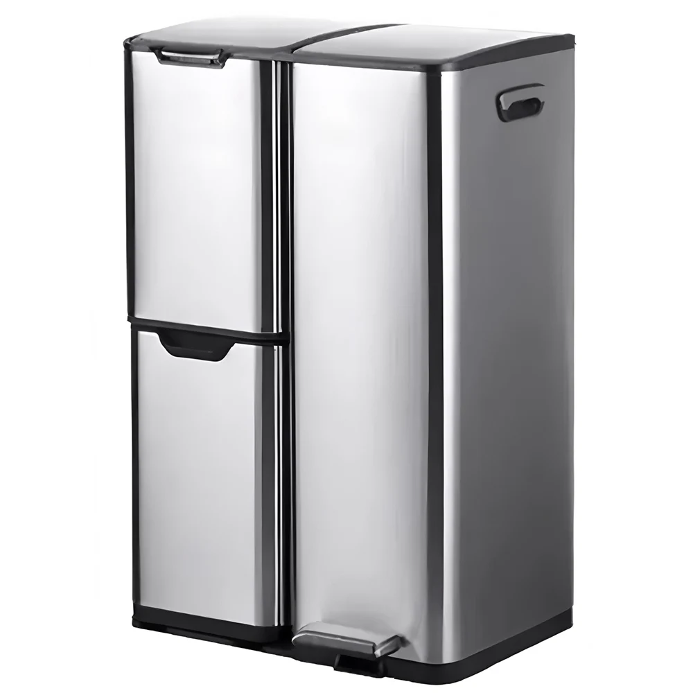 60L Triple Compartment Stainless Steel Recycling Bin with Pedal Press ...