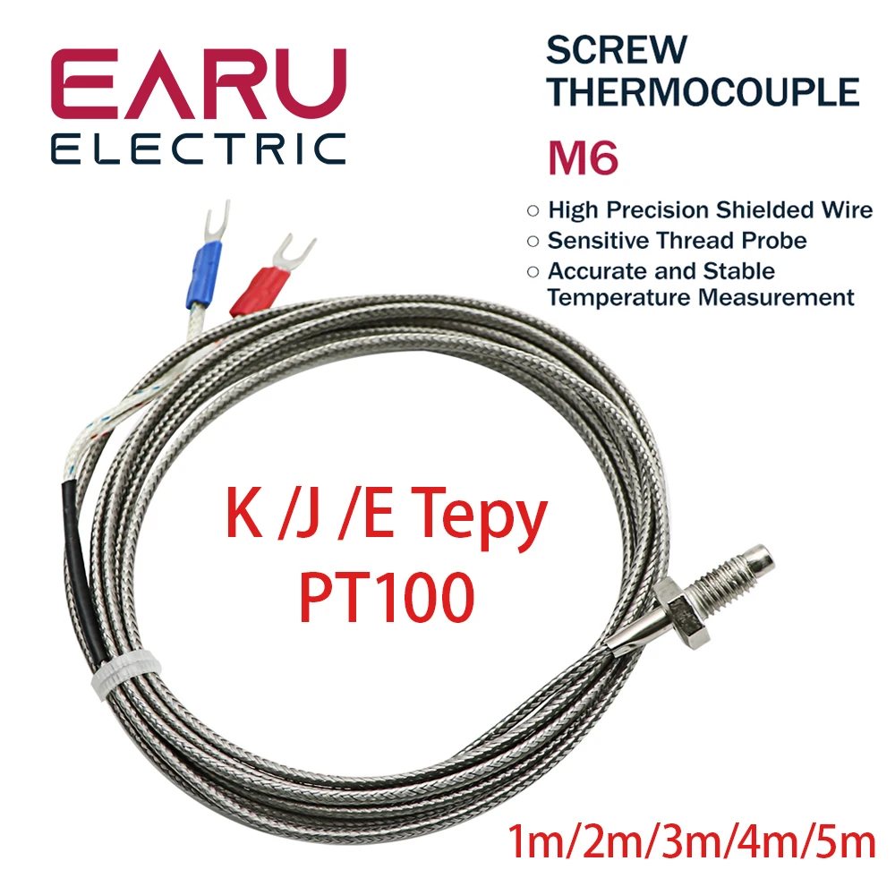 Thread M6 Screw Probe Temperature Sensor Thermocouple K J E PT100 Type 0-400℃ 1/2/3/4/5m Long ...