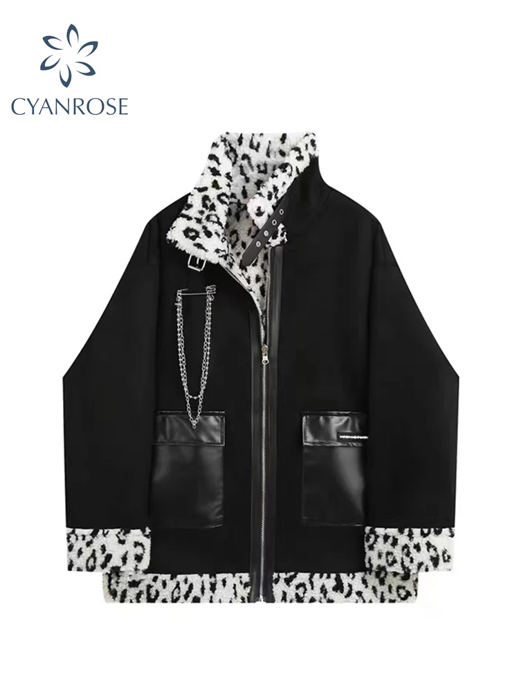 Winter Goth Punk Coat Women Two Side Wear Leopard Lambswool Jacket ...