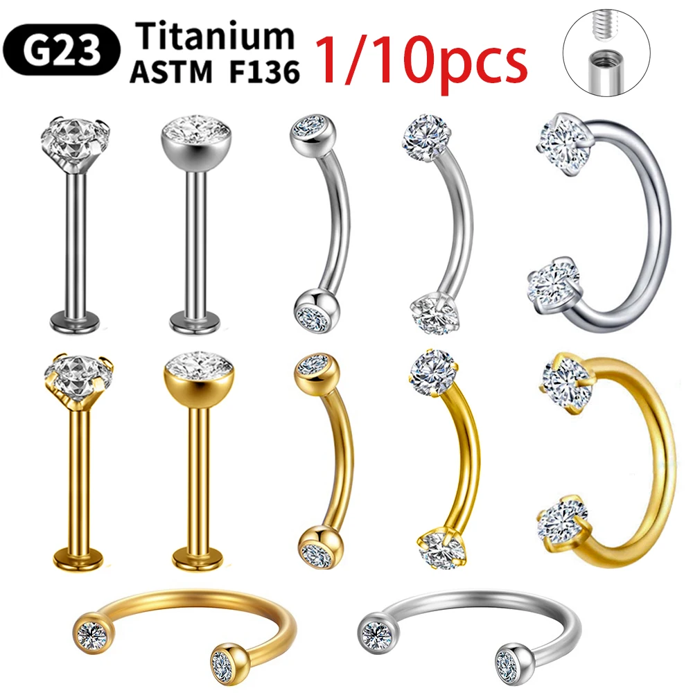 1/10pcs G23 Titanium Piercings Labret Stud Lip 16G Eyebrow C rod Body ...