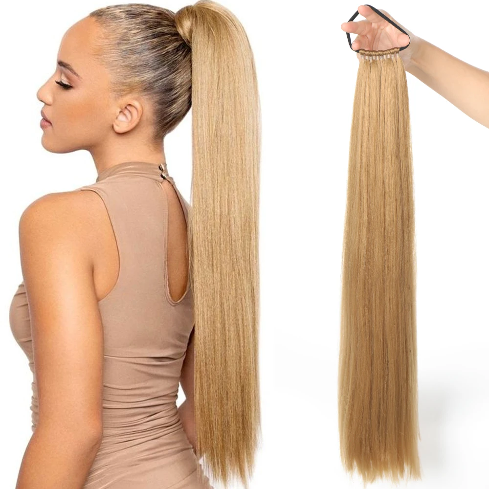 Aosiwig Synthetic Long Straight Ponytail With Elastic Band Wrap Around ...