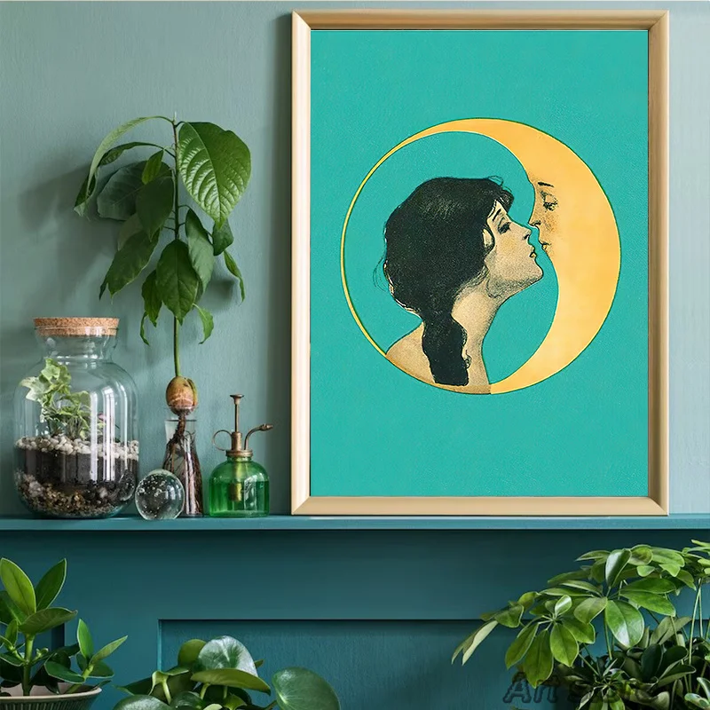 Vintage-Girl-Kissing-Moon-Romantic-Lover-Prints-Canvas-Painting-Moon ...