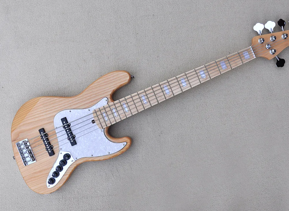 5-Strings-Natural-Wood-Body-Electric-Bass-Guitar-with-Maple-Neck-Chrome ...