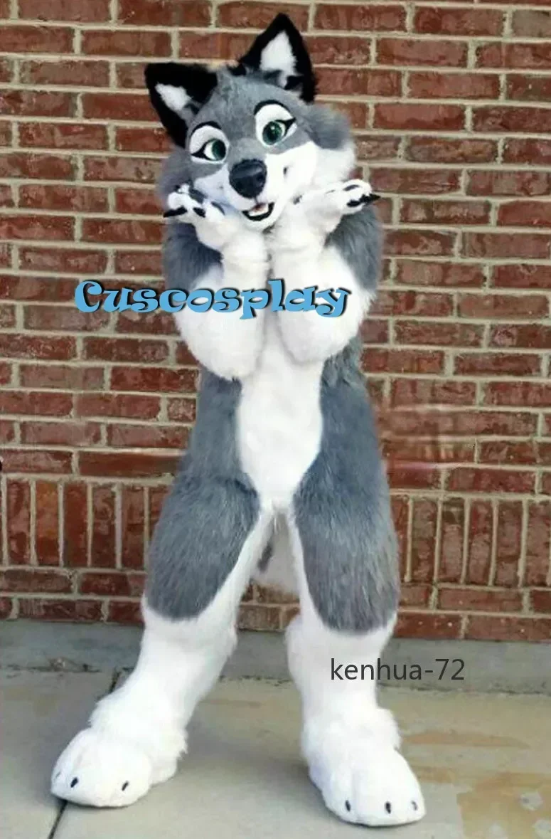 Grey-White-Long-Fur-Furry-Husky-Dog-Wolf-Fox-Fursuit-Mascot-Costume ...