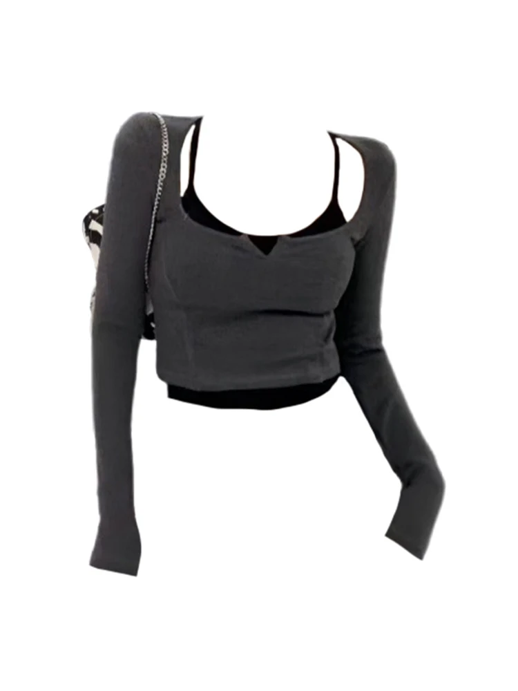 Women Patchwork Design Slim Tee 2000s Retro O neck Long Sleeve Female T ...