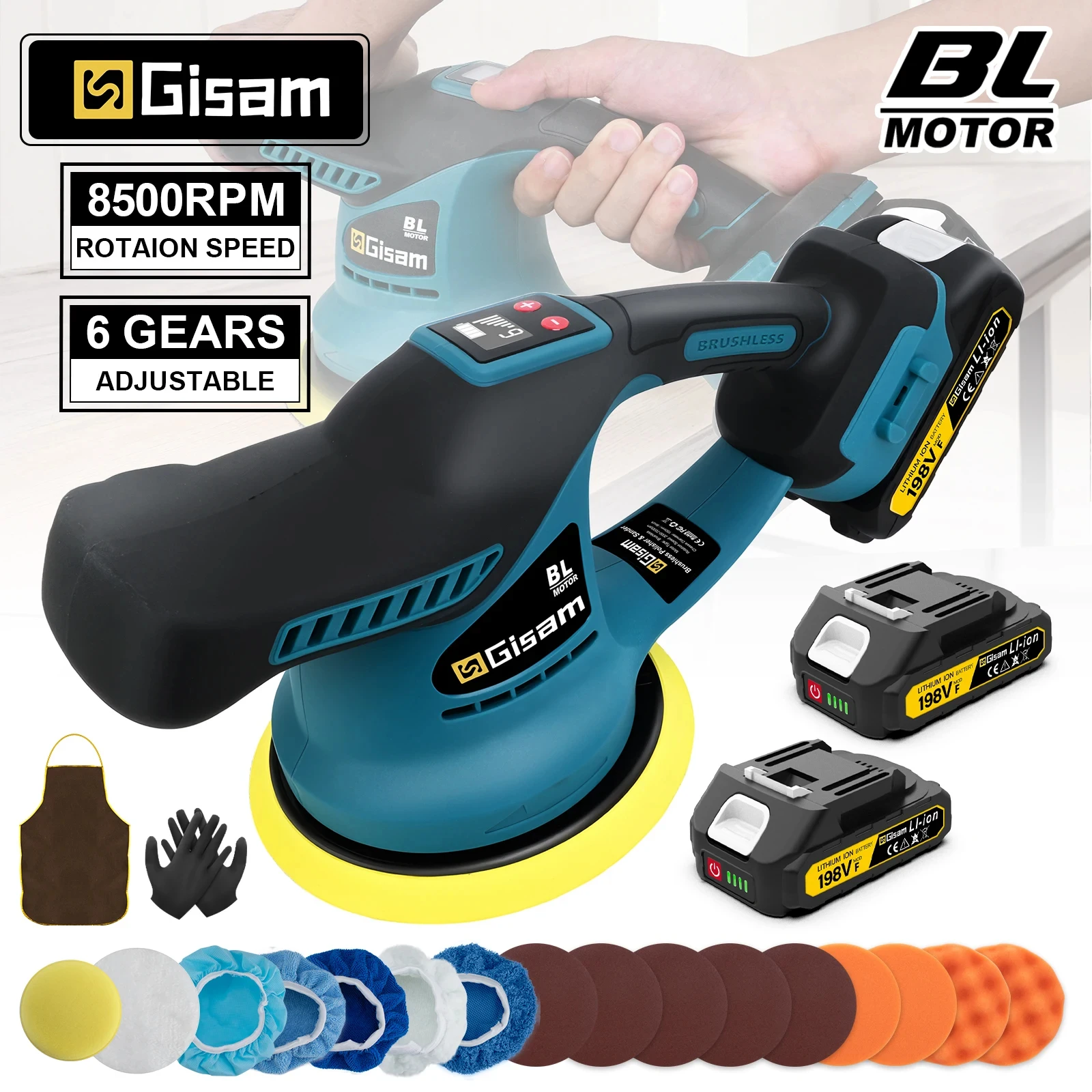 Gisam Brushless Car Polisher 6 Gear Cordless Electric Polisher Auto Car ...