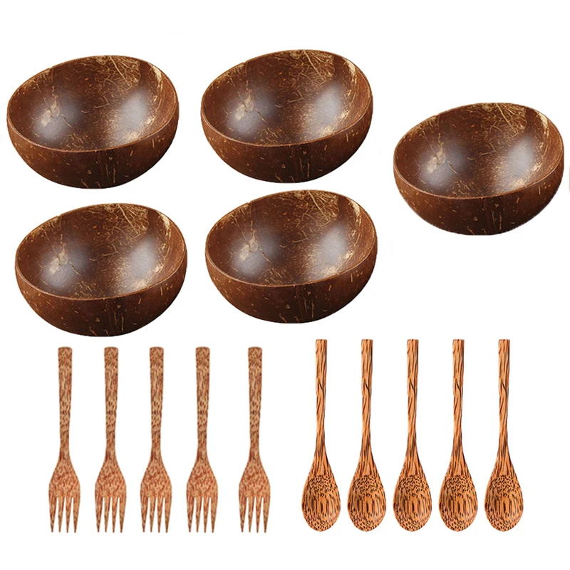 12-15cm Natural Coconut Bowl Wooden Tableware Spoon Set Coco Kitchen ...