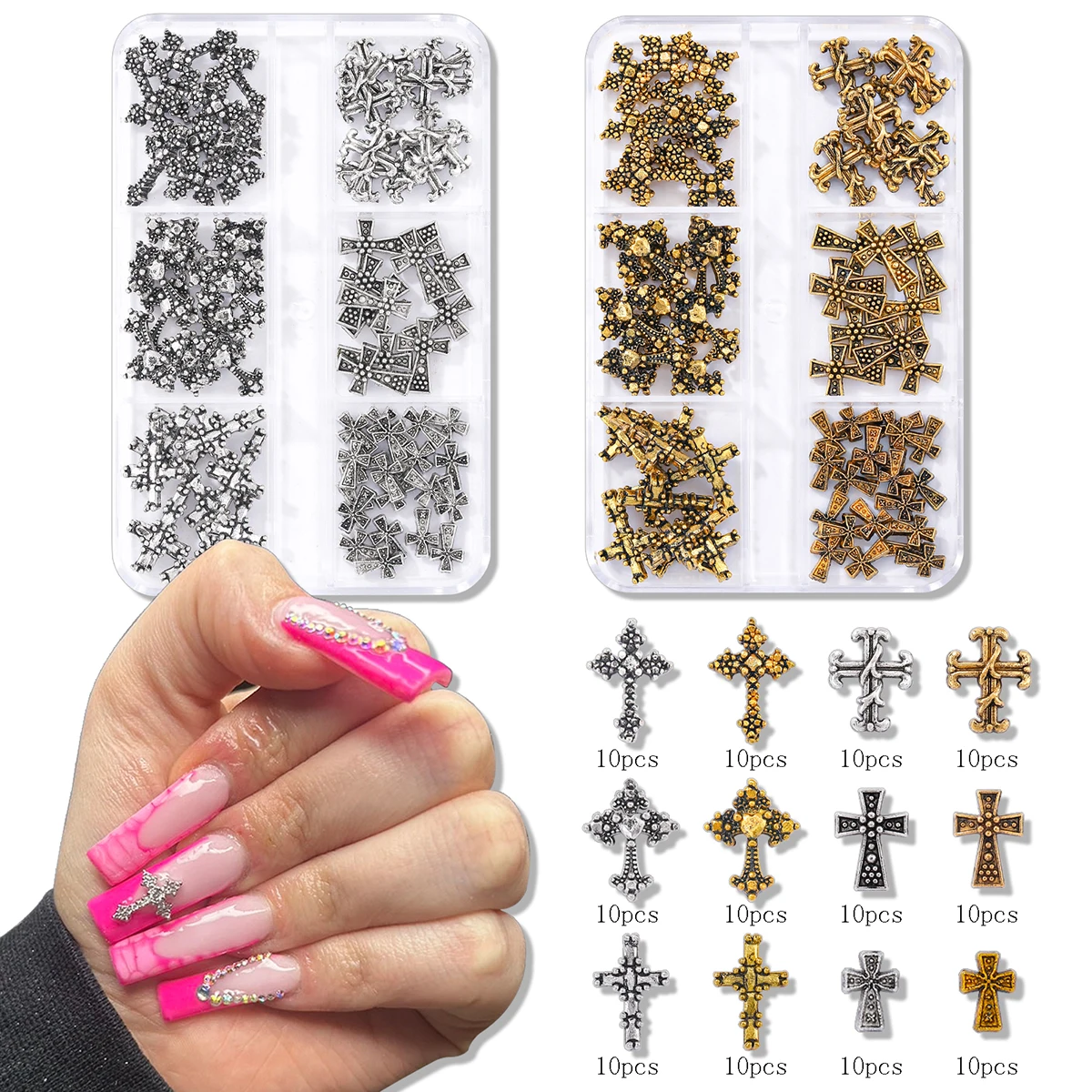 60pcs vintage gold and silver cross nail decoration, alloy rhinestone ...