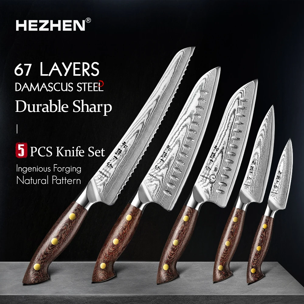 HEZHEN-1-5PC-Knife-Set-Damascus-Steel-Chef-Knife-Micarta-Copper-Rivets ...