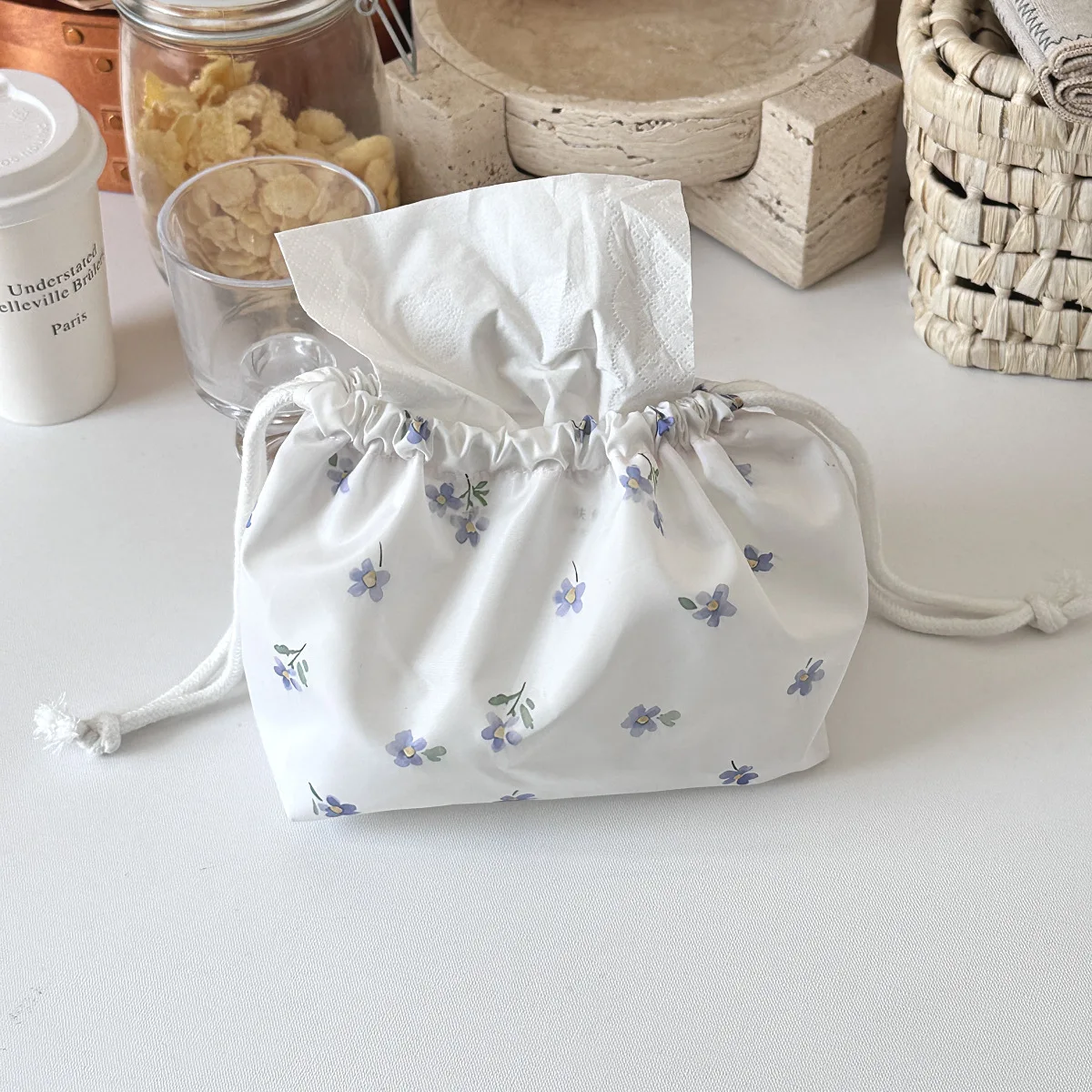 Blue-Flower-Tissue-Boxes-Storage-Bag-Drawstring-Adjustable-Dustproof ...