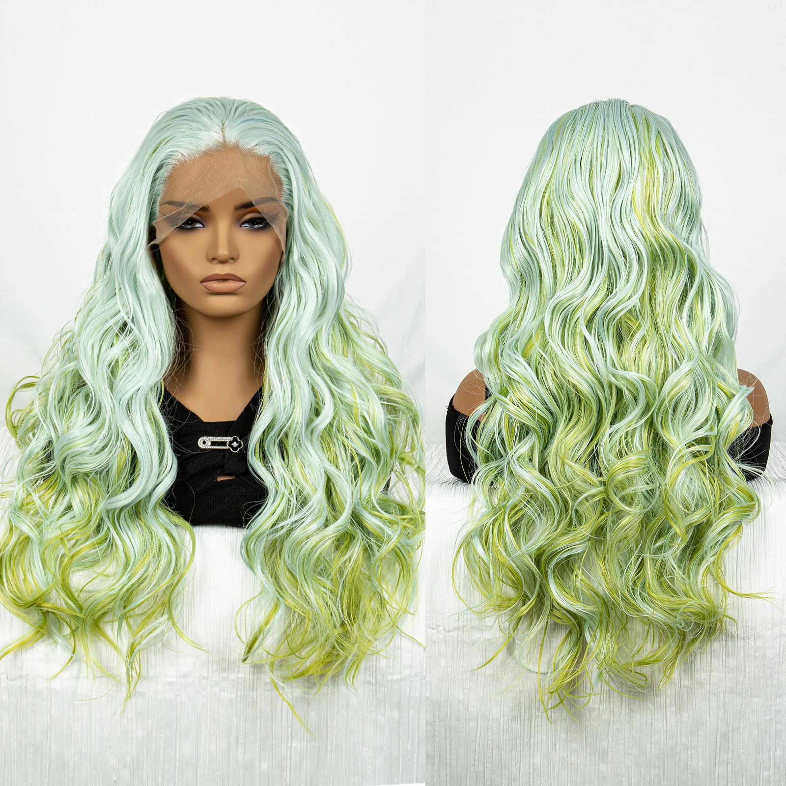Synthetic-Gradient-Green-Wavy-Wig-13x3-Lace-Loose-Wave-Green-Wig-30 ...