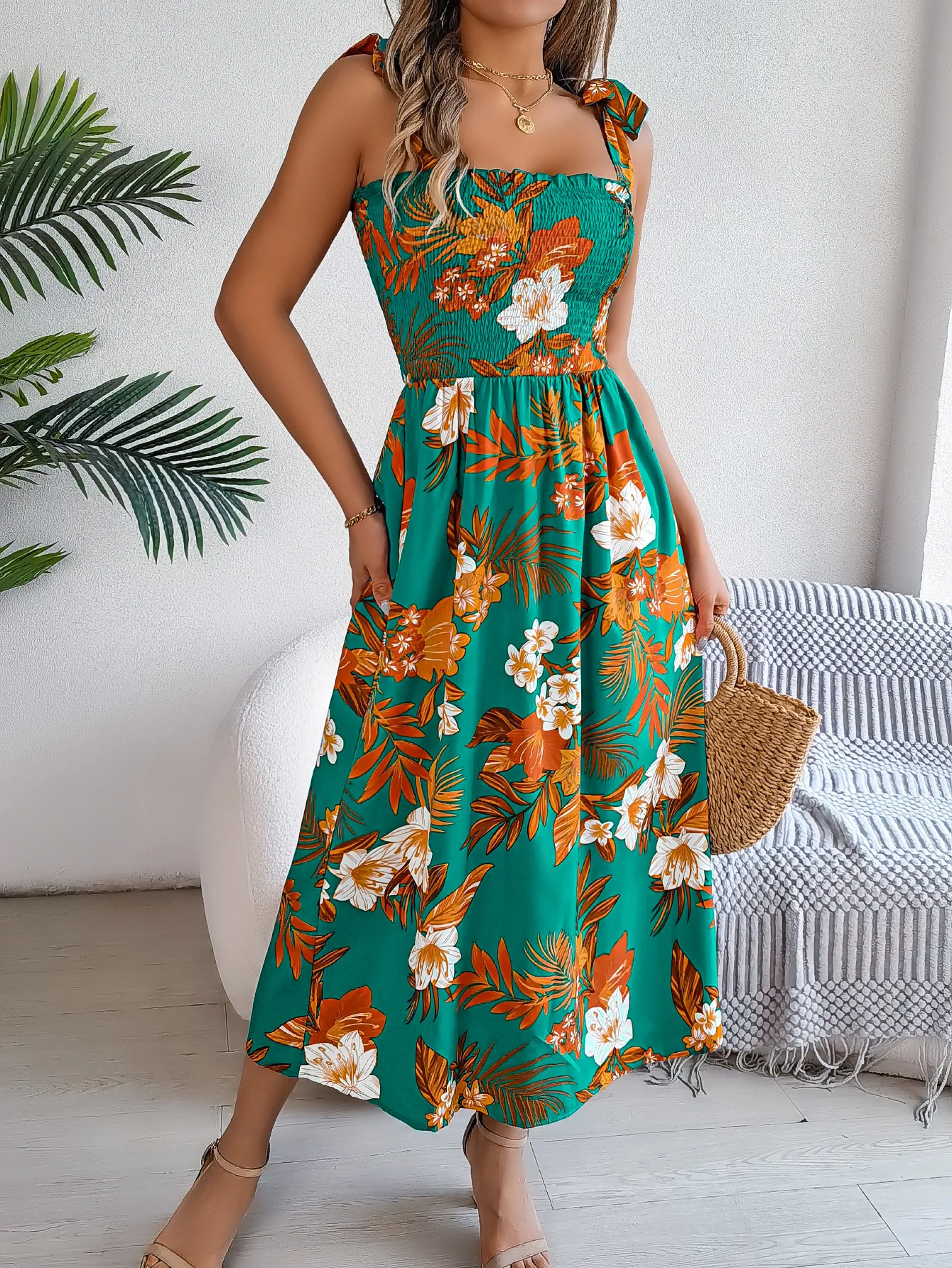 Msfilia Elegant Square Collar Summer Floral Dress Women Spaghetti Strap ...