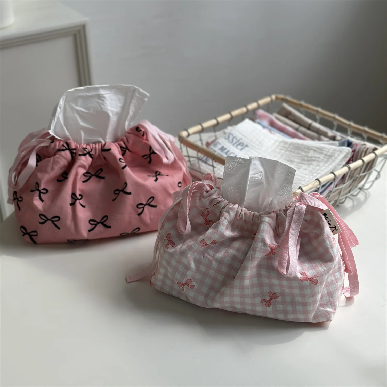 Creative Home Desktop Decoration Storage Bag Pink Bow Drawstring ...