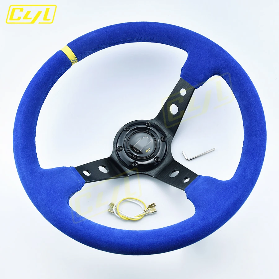 JDM-Blue-Suede-Leather-Deep-Dish-Steering-Wheels-Universal-14inch-350mm ...
