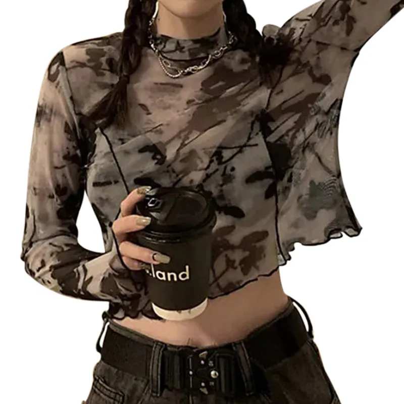 Women T-shirts Fall Winter 2022 Sexy Mesh Crop Top 2000s Clothes Y2k ...