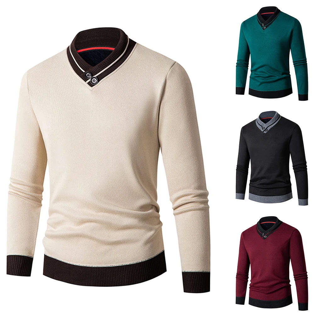 Men-Jumpers-V-Neck-Classic-Casual-Knitted-Pullover-Winter-Colorblock ...