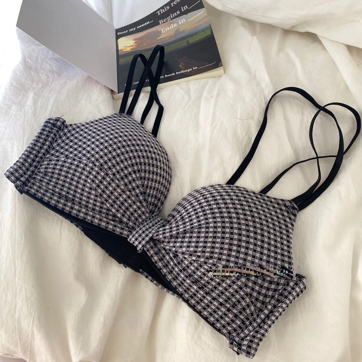 SP&CITY Sweet Girls Bow Cotton Seamless Bra Women Plaid Patterned Push ...
