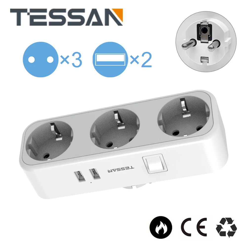TESSAN-5-in-1-EU-Wall-Socket-Power-Strip-with-3-Schuko-Sockets-2-USB ...