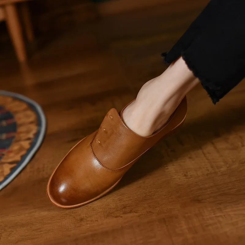 Slip-On-Simple-Shoes-Ladies-Cowhide-Soft-Leather-Flats-Low-Heel-Round ...