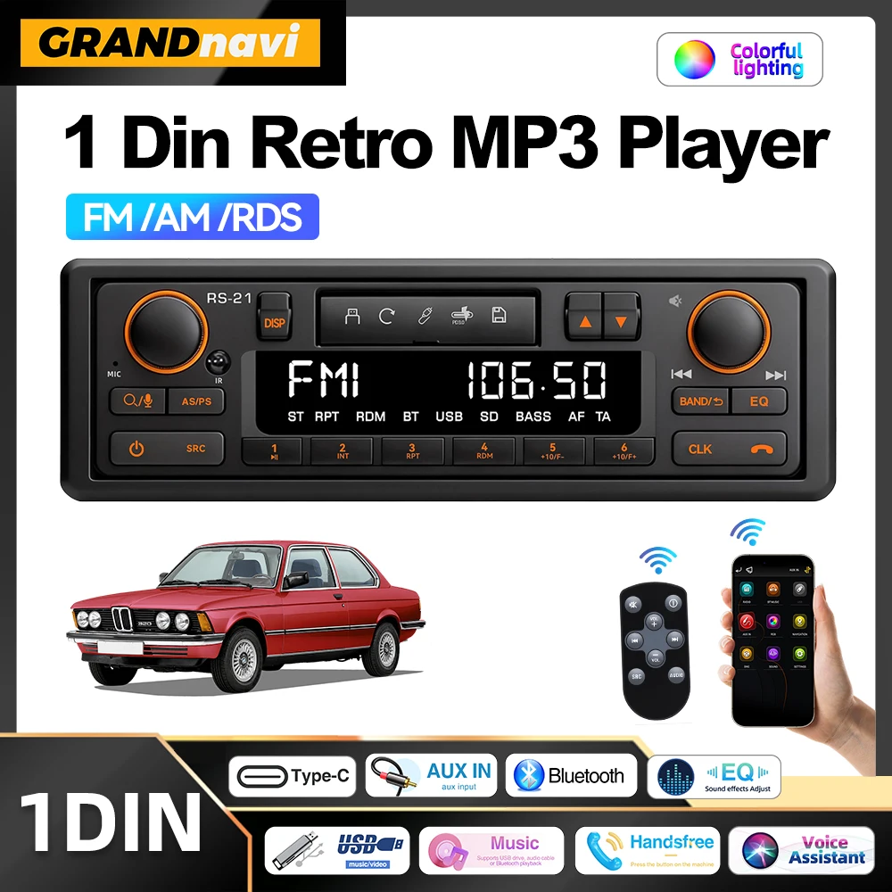 1DIN Retro Car Radio MP3 Player Stereo Bluetooth FM AM RDS DAB Receiver ...