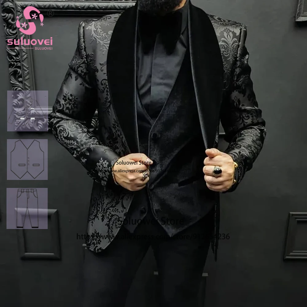 Luxury-Black-Floral-Suits-For-Men-Slim-Fit-Customized-3-Piece-Pants-Set ...