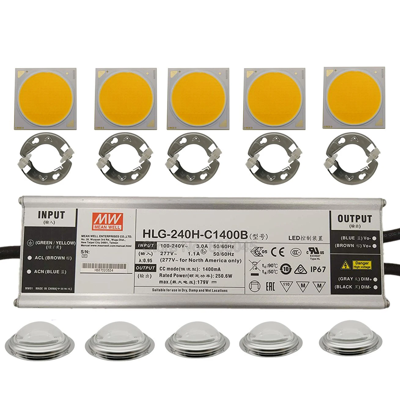 250W CREE COB CXB3590 LED Grow Llight 5pc Kit with Meanwell Dimmable ...