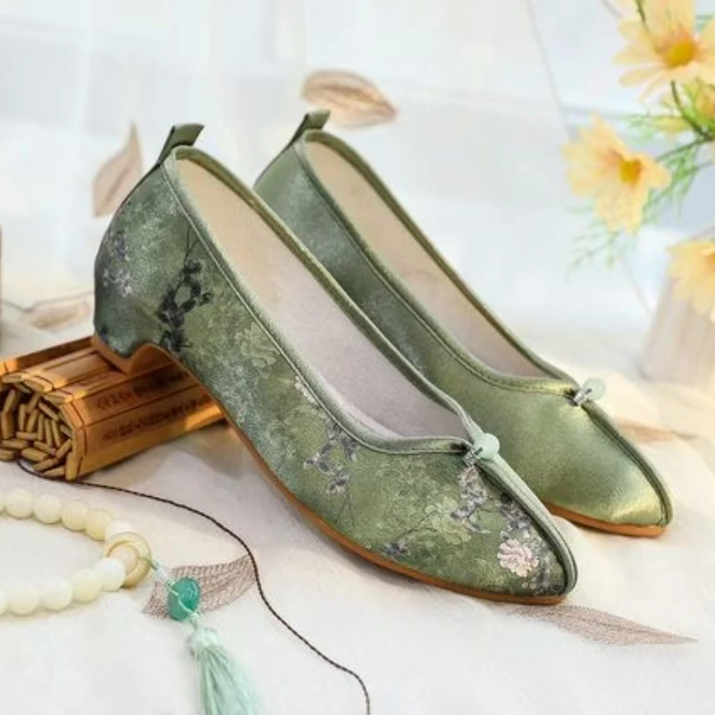 Women Ethnic Style Silk Block Heel Cheongsam Shoes Shallow Slip On ...