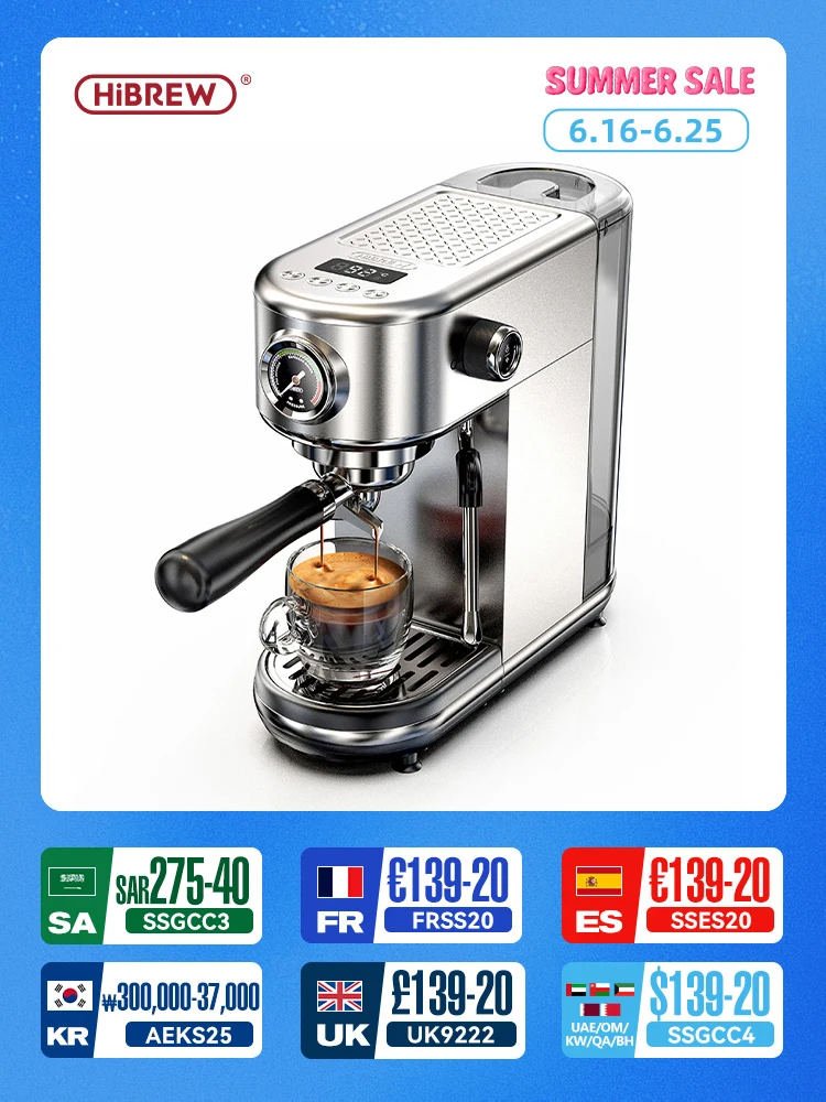 HiBREW 20Bar 半自動エスプレッソコーヒーマシン温度調節可能なコールド/ホットスーパースリムコーヒーメーカーカプチーノ H10B