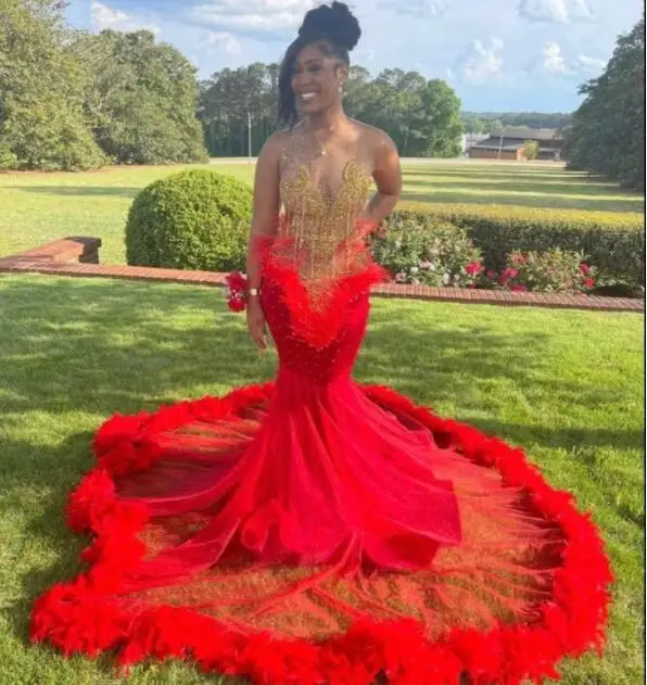 Red-African-American-Prom-Dresses-Sheer-Tulle-Beaded-Feather-Black-Girls-Nigeria-Robe-De-Soiree ...