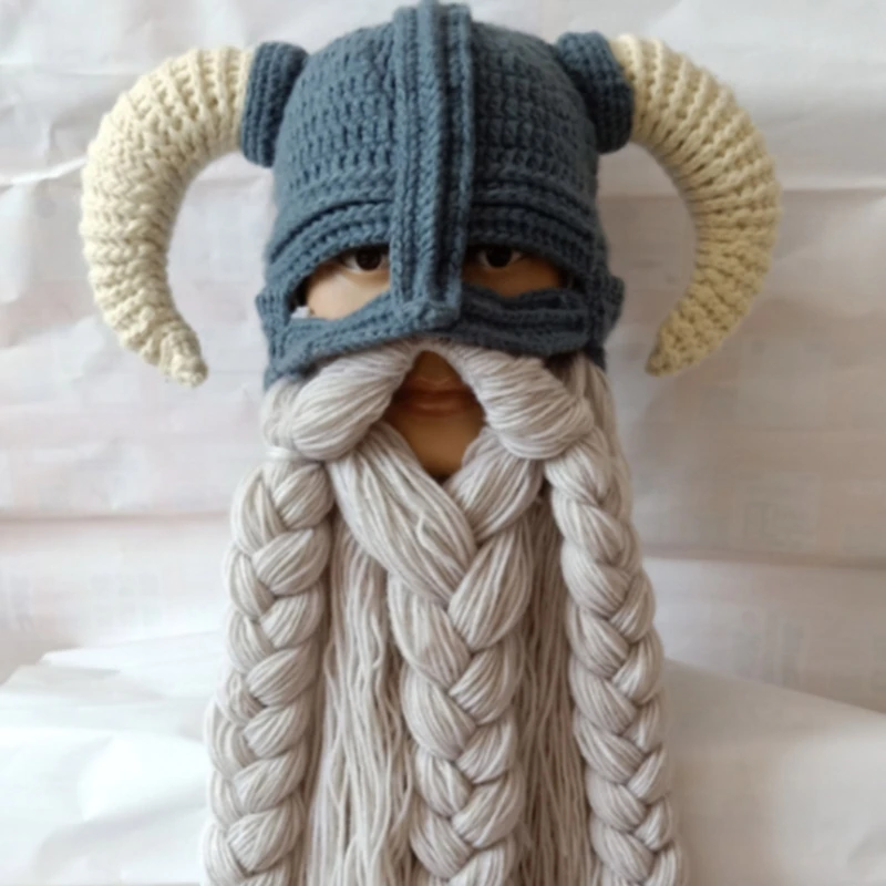Handmade-Long-Beard-Mask-Hat-Bull-Horns-Hat-Knitted-Skull-Balaclava ...