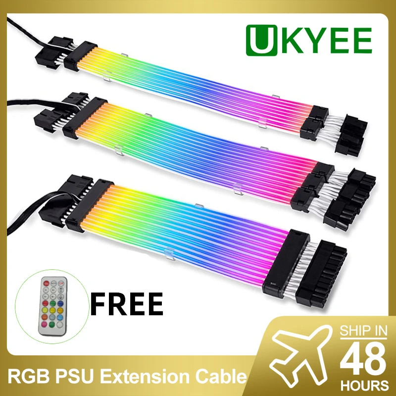 UKYEE 어드레서블 RGB PSU 전원 연장 케이블, 마더 보드용, ATX 24PIN, PCI E GPU, 더블 트리플 ...