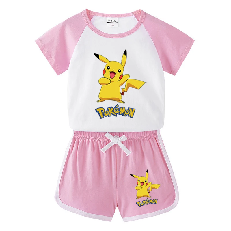 Camiseta de algodón de Pikachu para niñas y pantalones cortos, conjunto ...
