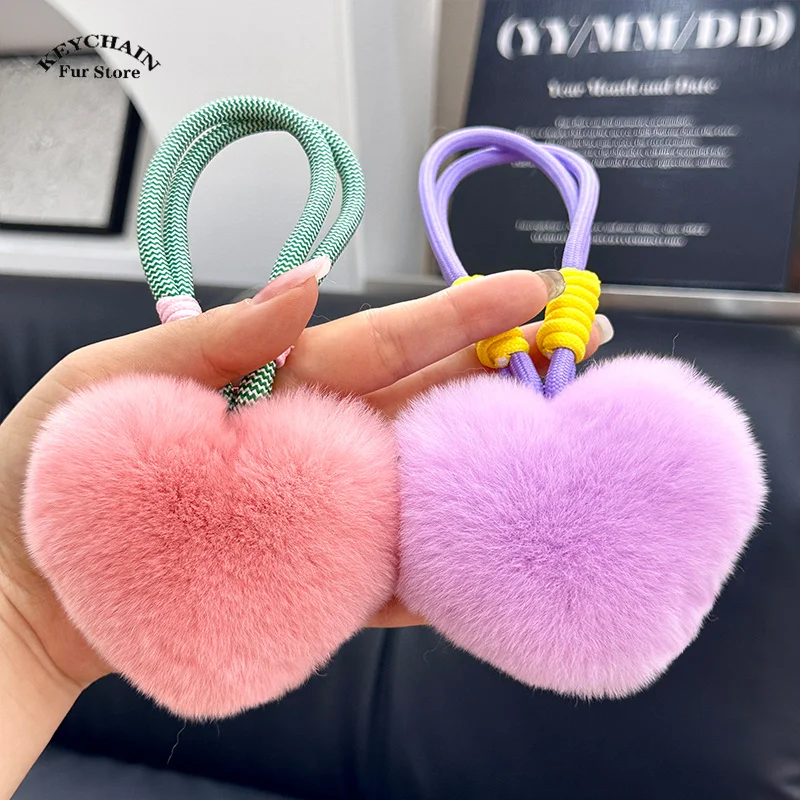 Natural Fur Heart Ball Charm Keychain Women Girl Creative Soft Bag ...