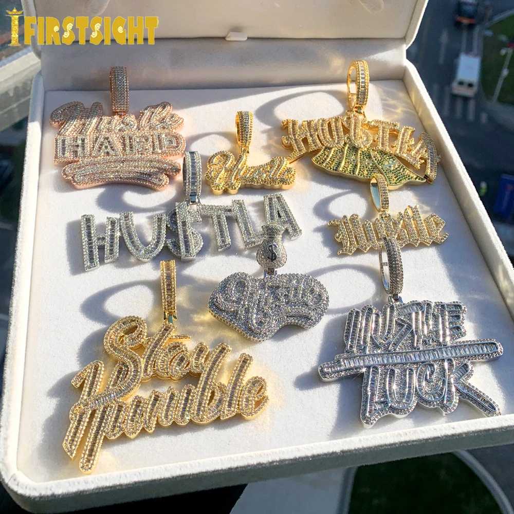 New-Hustle-Pendant-Necklace-Iced-Out-Bling-Cubic-Zirconia-Letter-Lucky ...