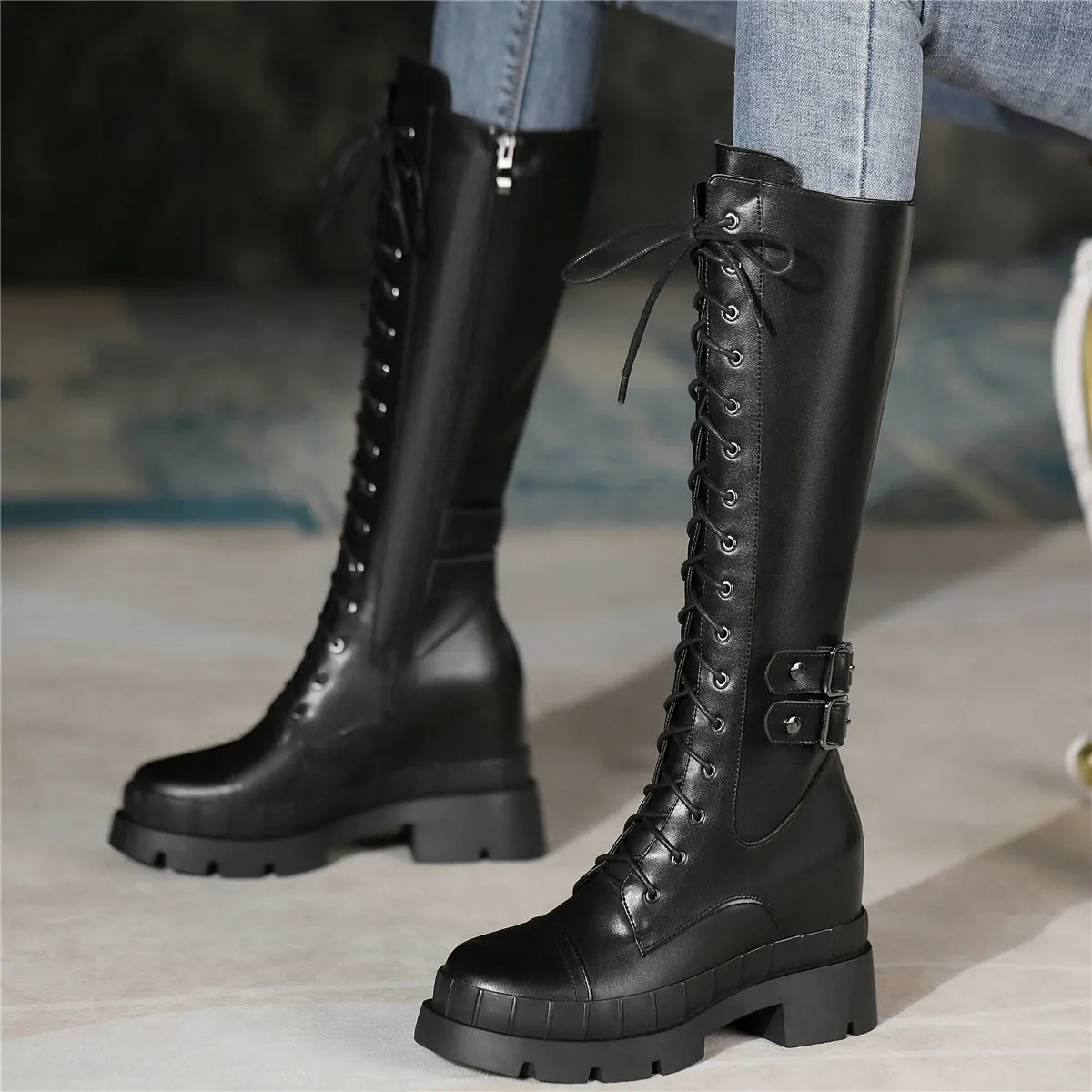Winter Pumps Women Lace Up Genuine Leather Height Increasing Motorcycle ...