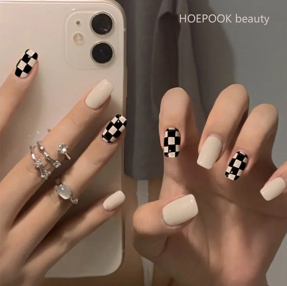 24pcs-Chess-Grid-Coffin-Cute-Kawaii-Press-On-Nail-Tips-Reusable-Wearing ...