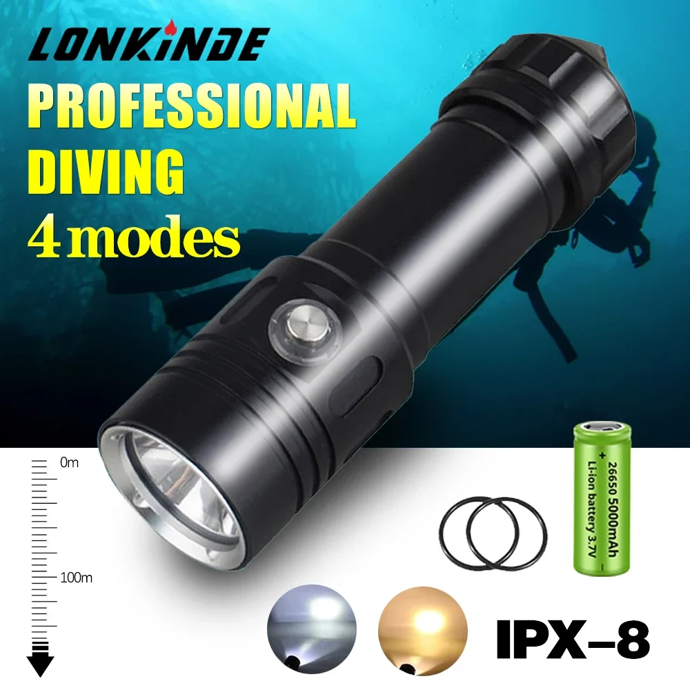 8000LM-Professional-IPX8-Waterproof-Diving-Flashlight-200m-Underwater ...