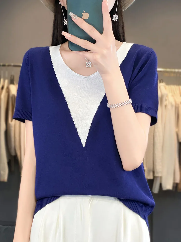 Women-ShortSleeved-V-Neck-Pullover-Summer-Ice-Silk-Top-Breathability ...