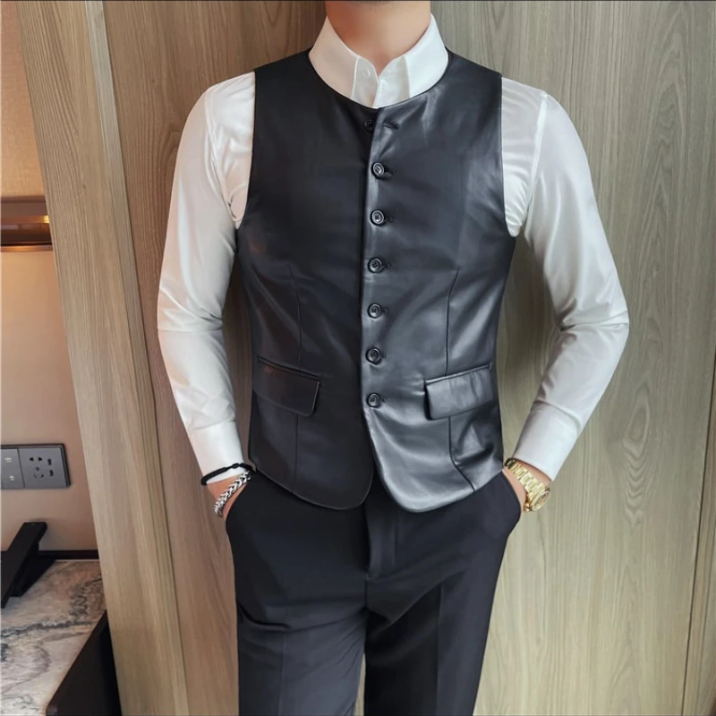 2025 Autumn Men's Casual Leather Vest Slim Fit Elastic Sleeveless ...