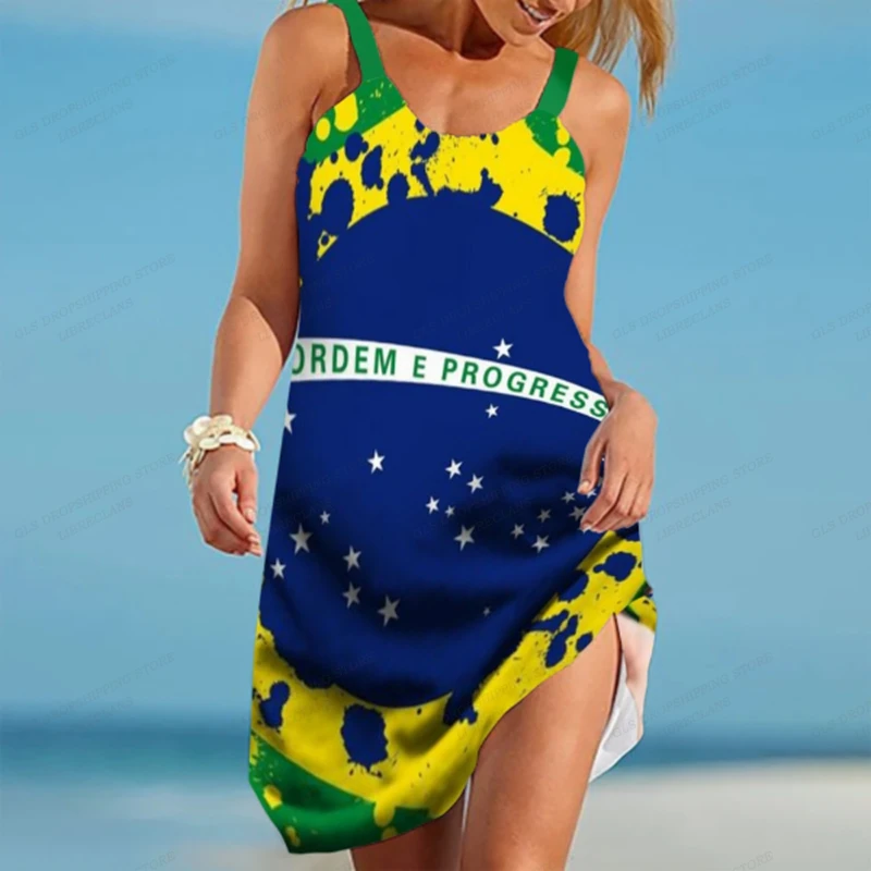Brazil Flag Dress Women Fashion Bohemian Spaghetti Strap Dresses Party ...