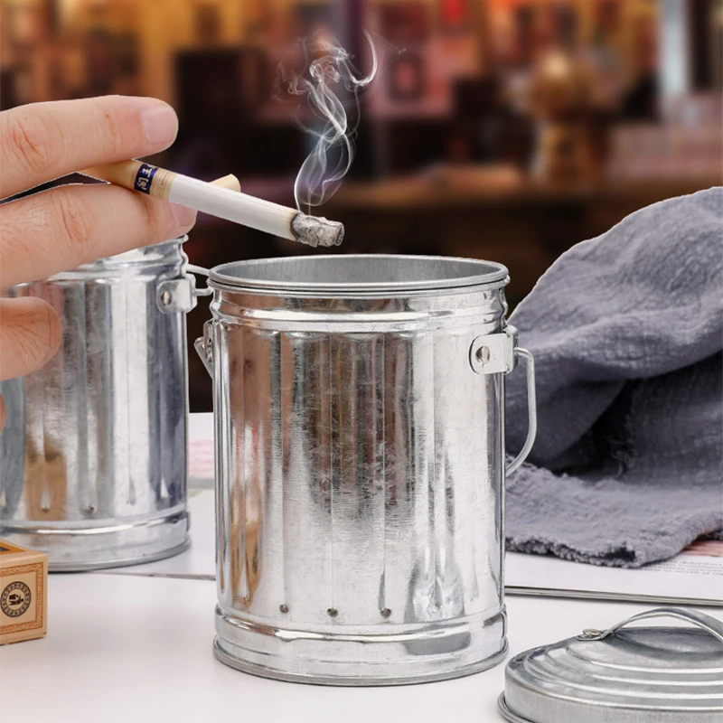 Round-Steel-Ashtray-With-Lid-Windproof-Fly-Ash-Free-Household-Cigarette ...