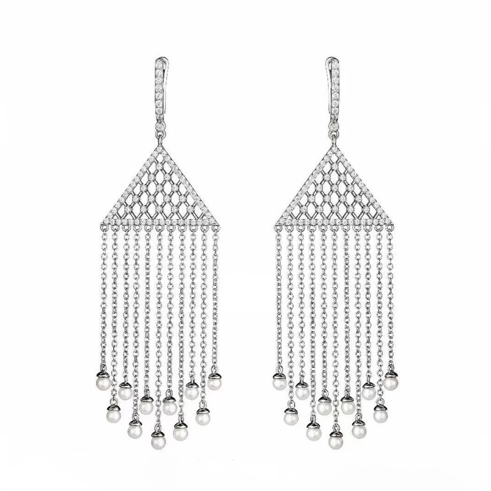 Luxury Designer Real 925 Pure Silver Triangle Tassel Pearls Drop ...