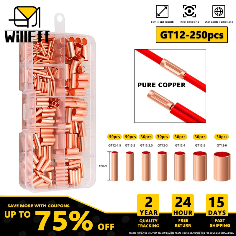 Diy gt 250 peças/kit tubo de cobre, conector de cabo terminal de ...