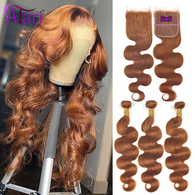 Ginger Brown Body Wave Human Hair Bundles with Closure Orange Brown 4x4 ...