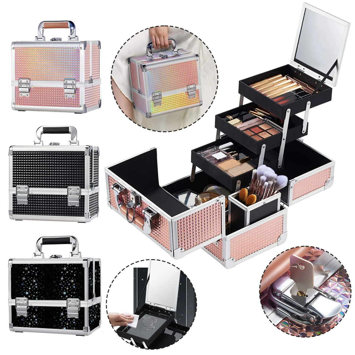 Diamond-Pattern-Three-layer-Foldable-Multifunctional-Makeup-Box-with ...